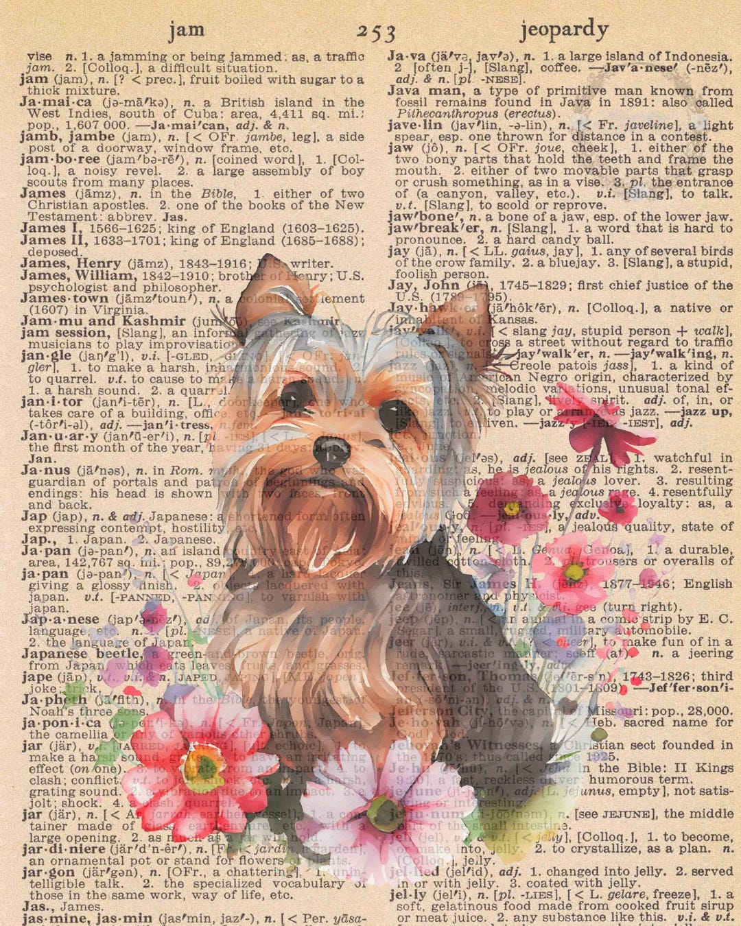 Adorable Yorkie & Floral Digital Dictionary Page Printable - Etsy
