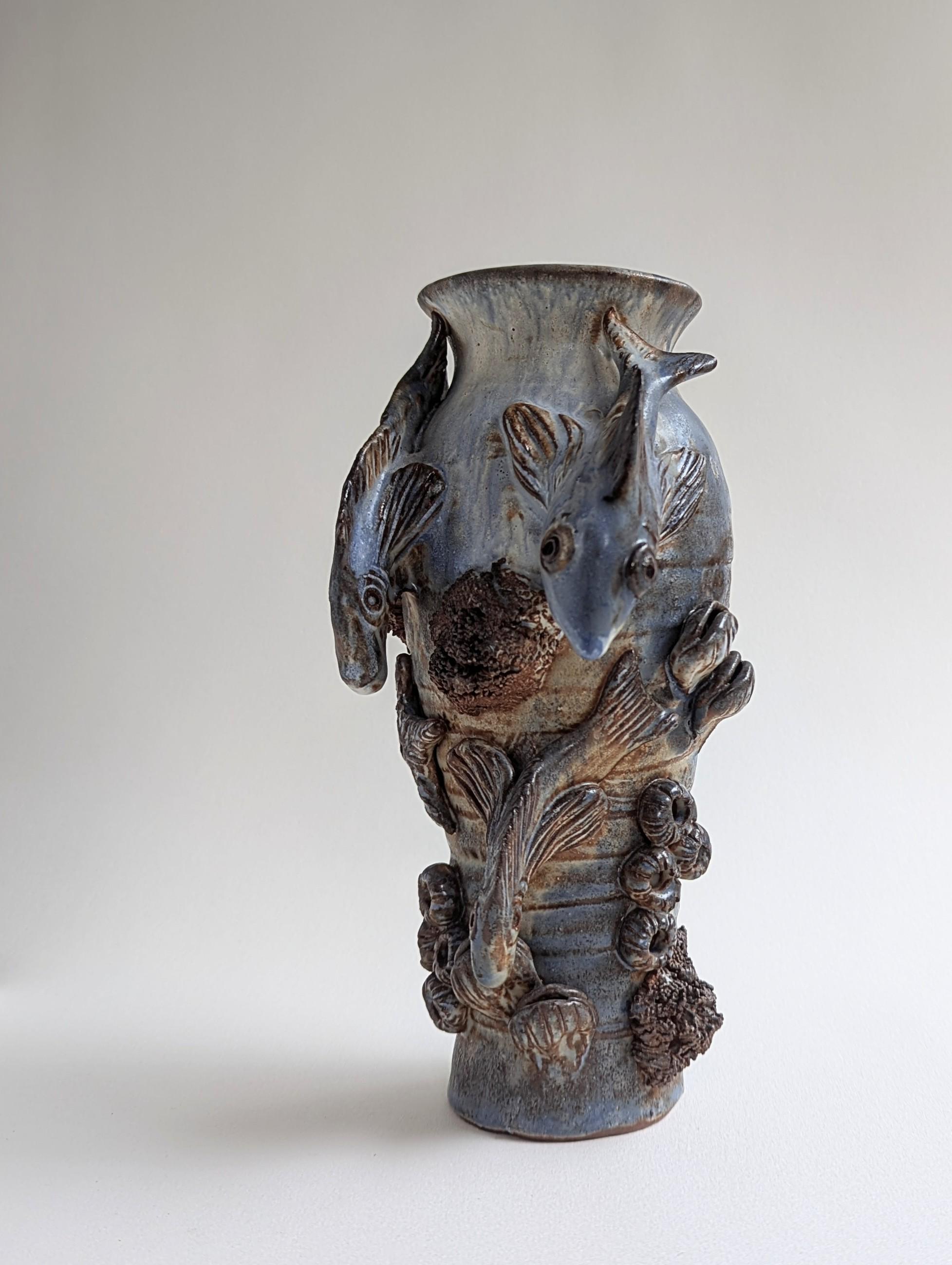 Rare Mid Century Blue Fish Cristofer Crete Vase, Handmade Stoneware ...
