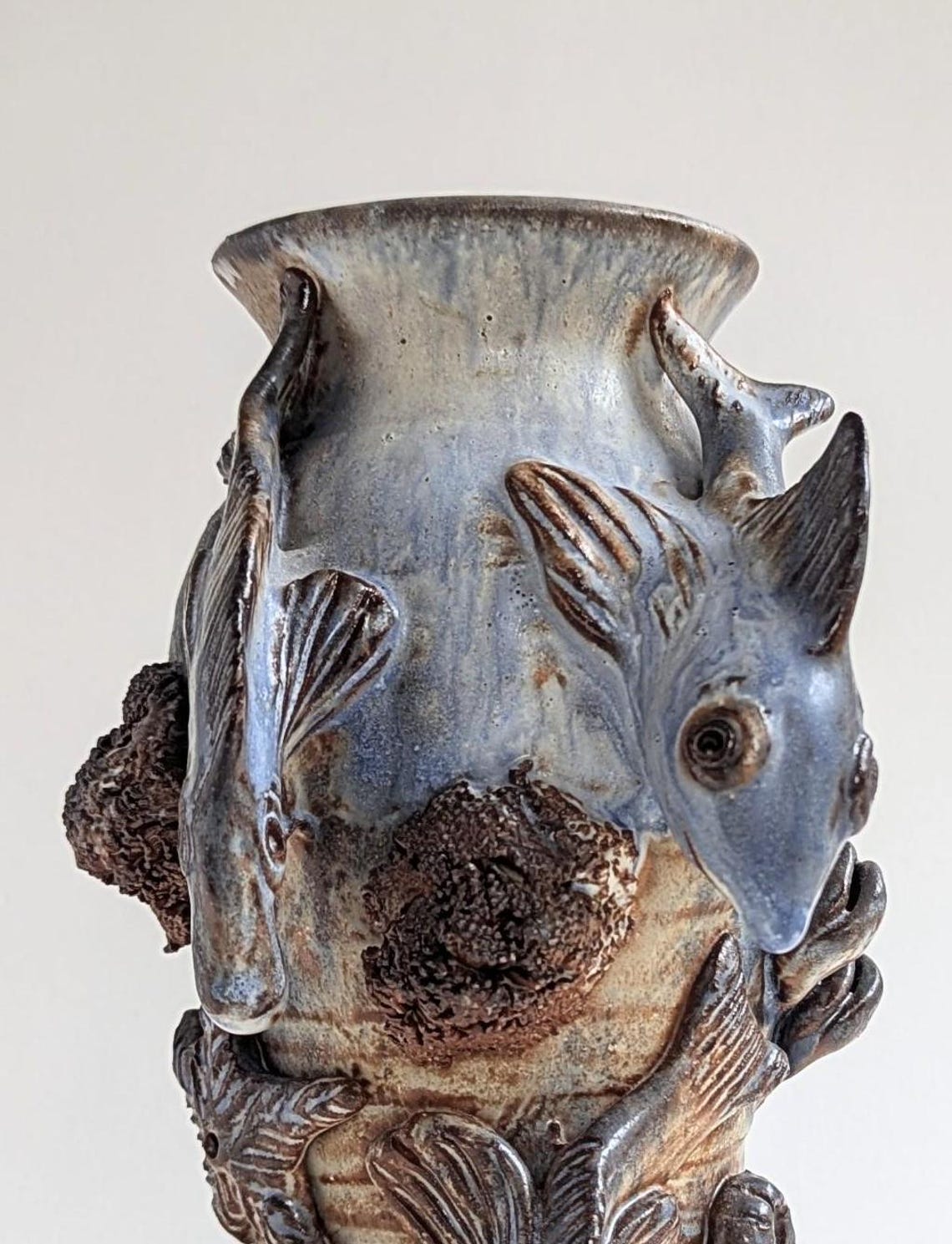 Rare Mid Century Blue Fish Cristofer Crete Vase, Handmade Stoneware ...