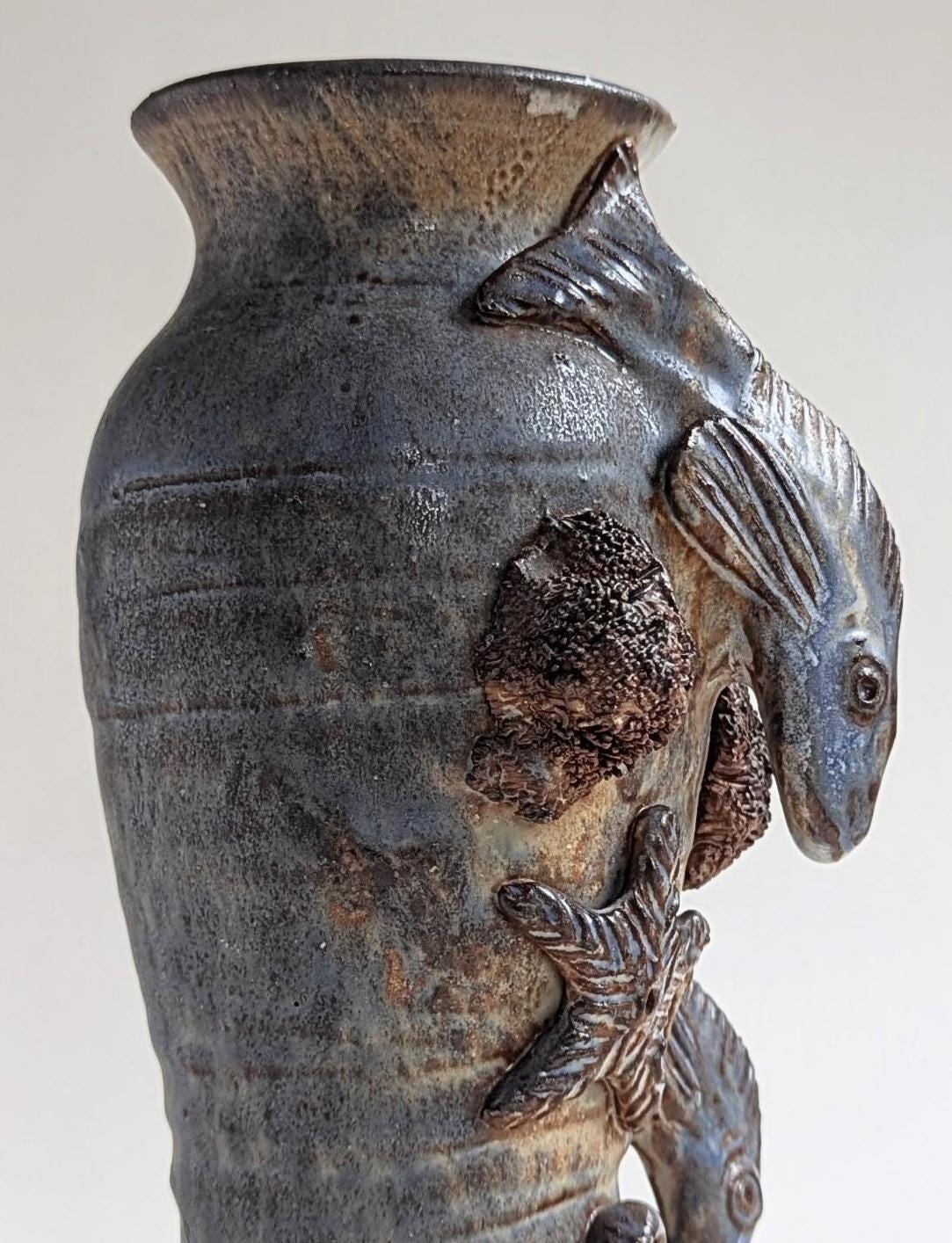 Rare Mid Century Blue Fish Cristofer Crete Vase, Handmade Stoneware ...