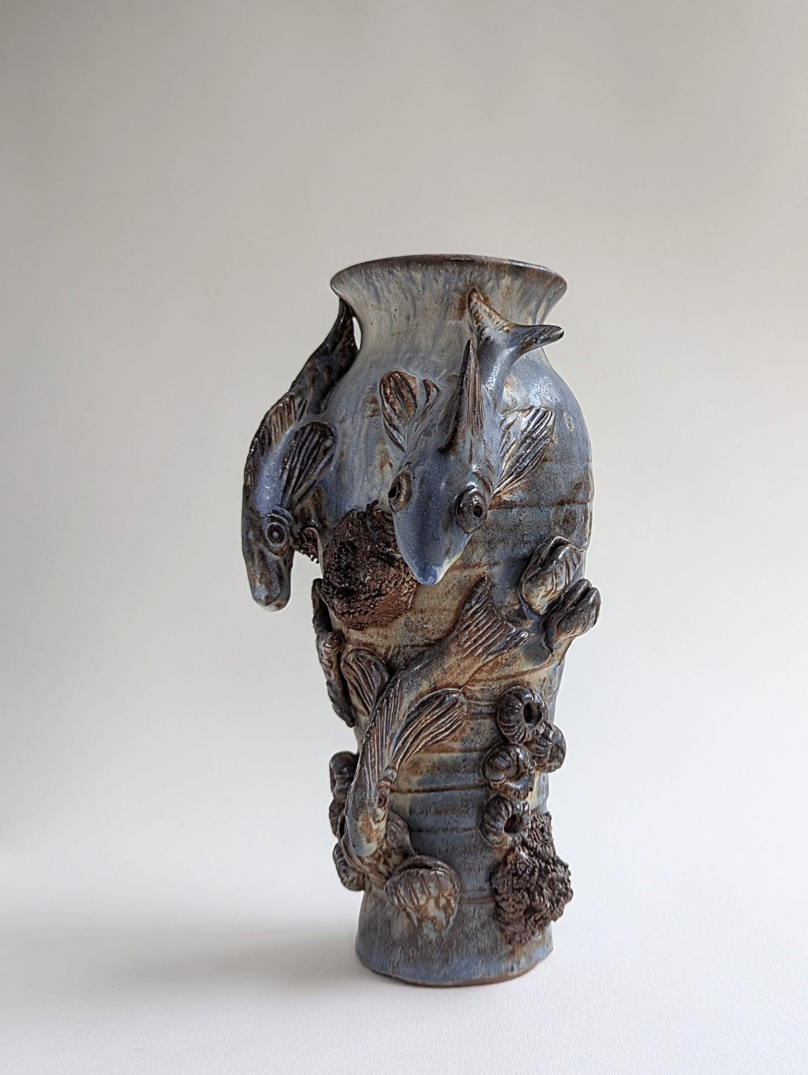 Rare Mid Century Blue Fish Cristofer Crete Vase, Handmade Stoneware ...