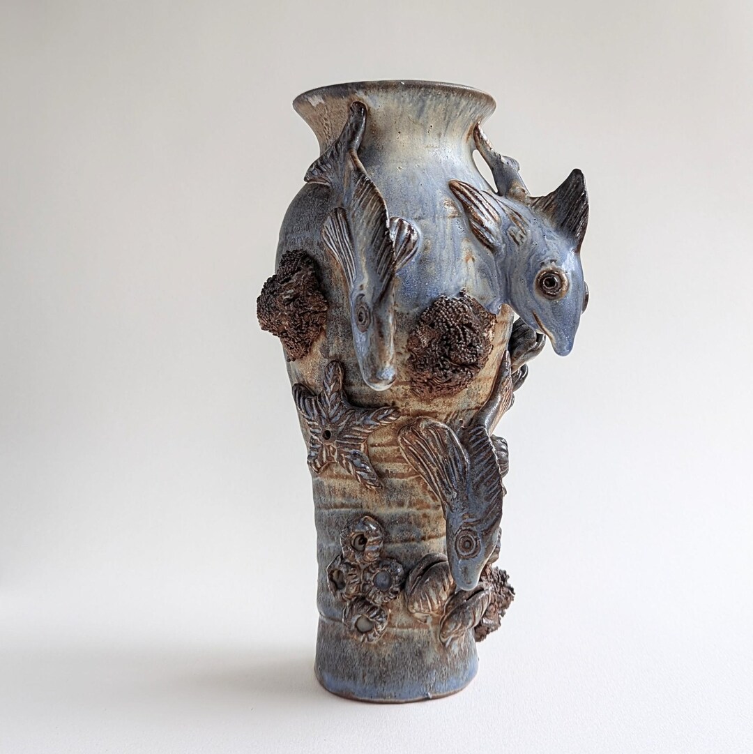 Rare Mid Century Blue Fish Cristofer Crete Vase, Handmade Stoneware ...