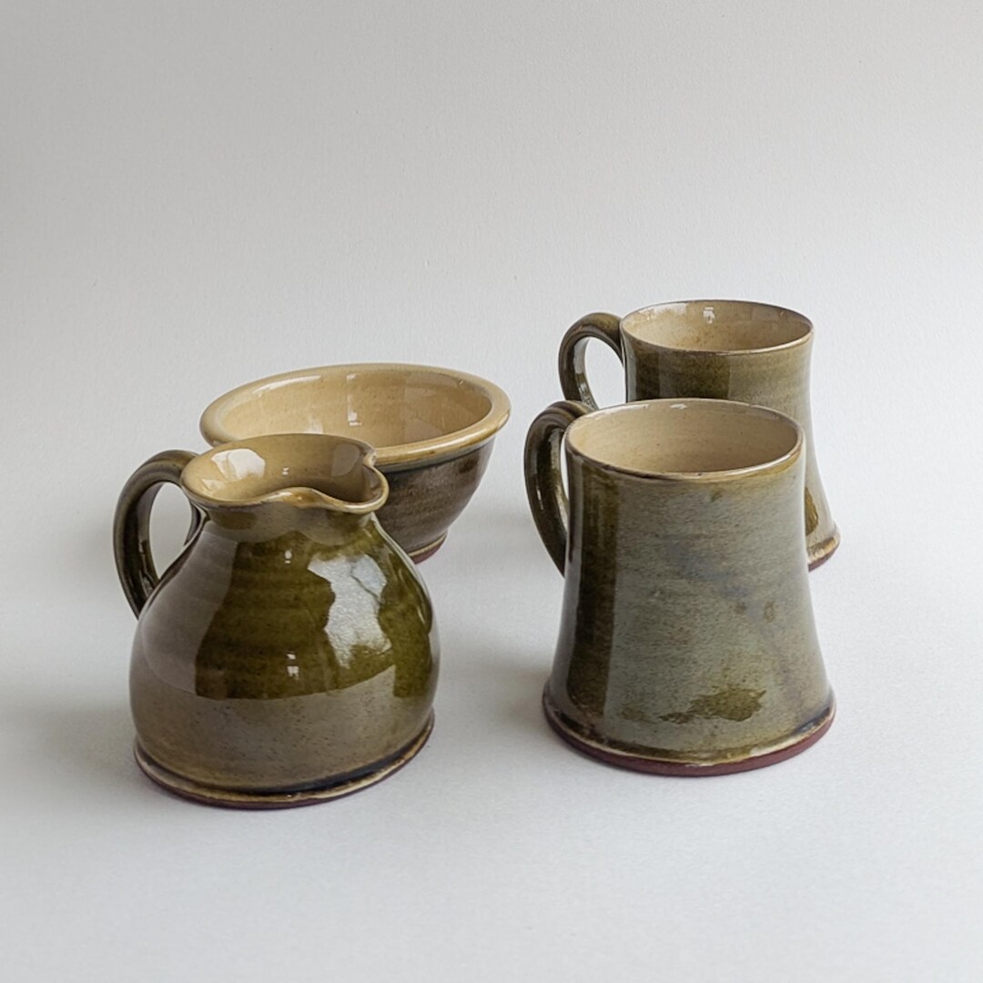 Vintage Wetheriggs Penrith Coffee Set, Green Glazed Mugs, Sugar Bowl ...