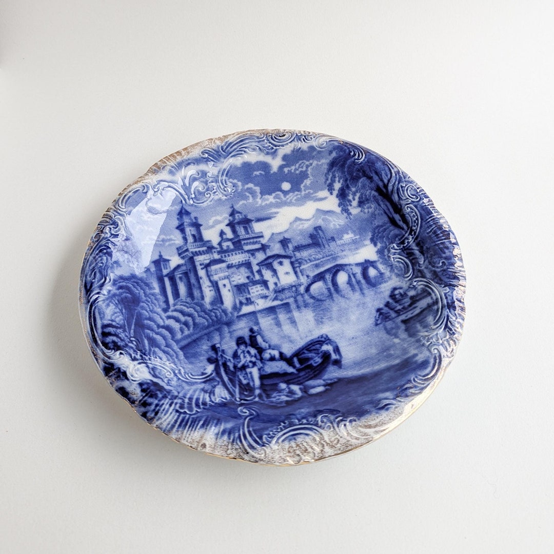 Antique 19th Century Flow Blue Decorative Plate, Moonlit Castle and ...