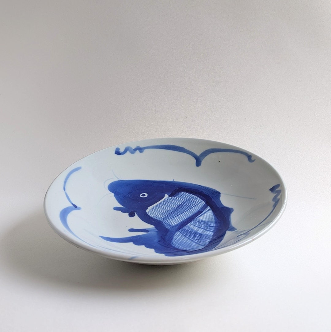 Vintage Chinese Blue and White Koi Carp Fish Bowl, Hand Painted ...