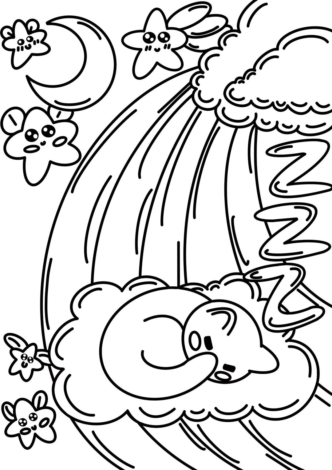 Kawaii Sleeping Kitty Cat on a Rainbow Coloring Page/ Stress Relief ...