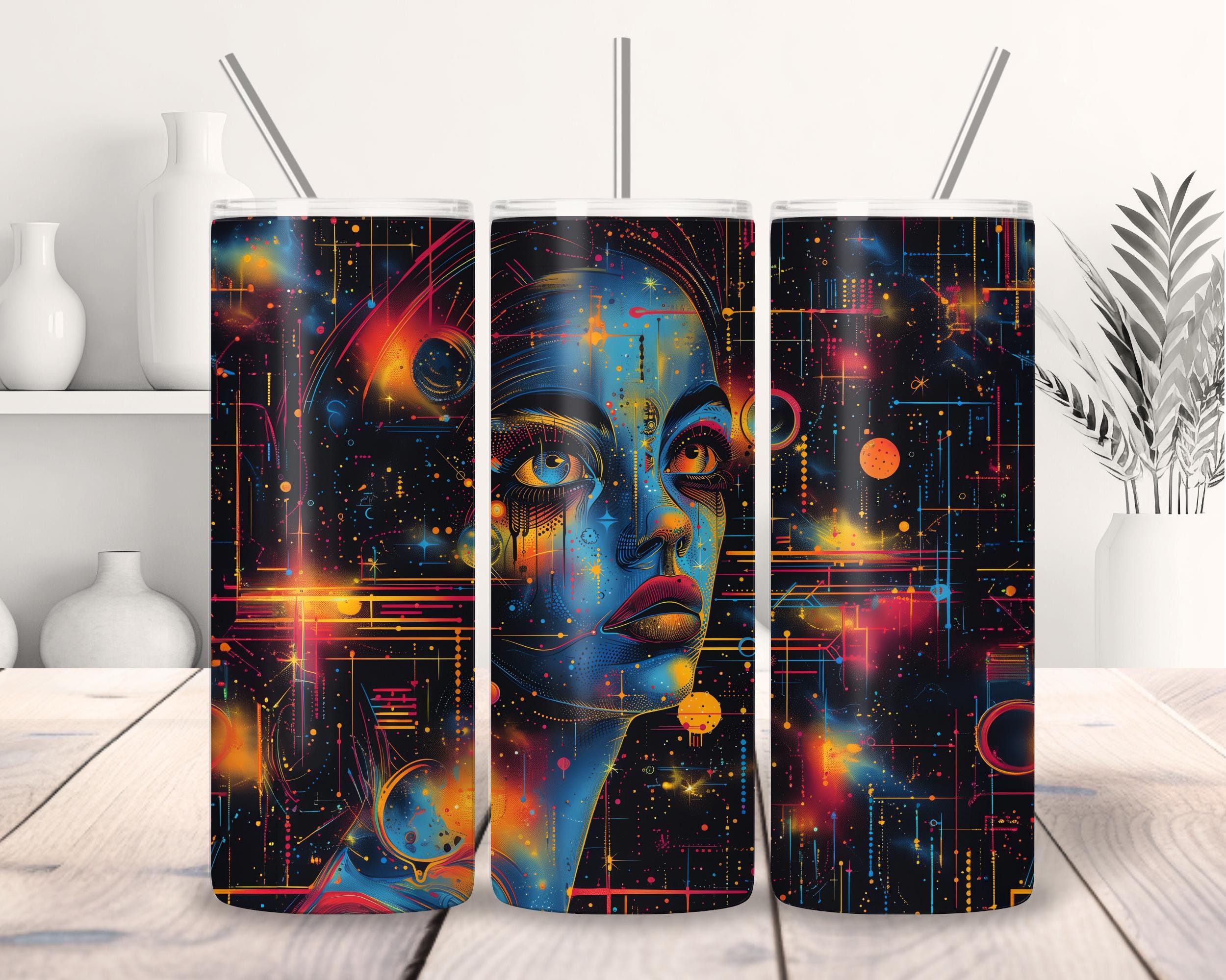 80s Retro Cyborg, Futuristic Cosmic Woman Tumbler Wrap, Scifi Neon ...