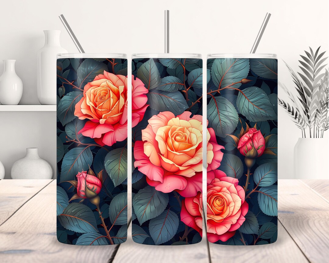 Floral Rose Tumbler Wrap 20oz Skinny Sublimation PNG, Orange and Pink ...