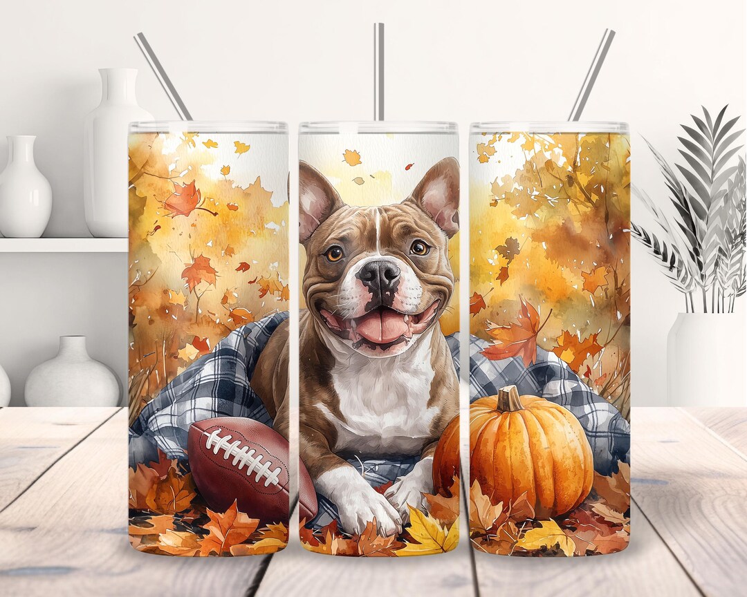 Pitbull Fall Tumbler Wrap, Pumpkin and Football Puppy Sublimation PNG ...