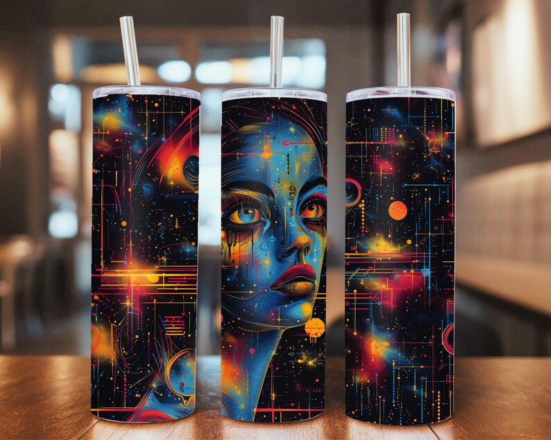 80s Retro Cyborg, Futuristic Cosmic Woman Tumbler Wrap, Scifi Neon ...