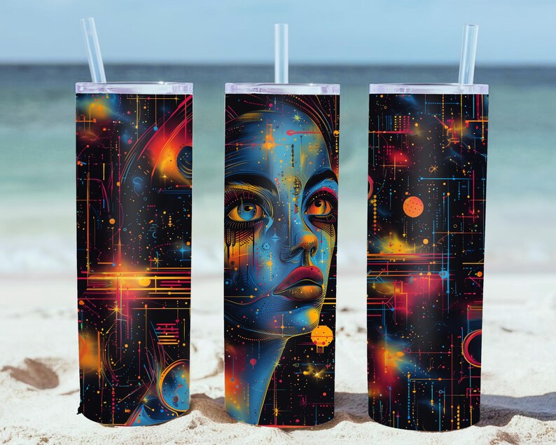 80s Retro Cyborg, Futuristic Cosmic Woman Tumbler Wrap, Scifi Neon ...