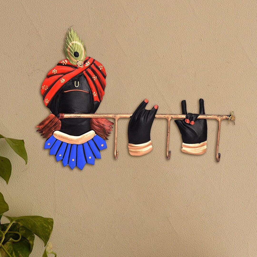 Wrought Iron Krishna Key Holder, Lord Krishna Playing Flute Key Hanger ...
