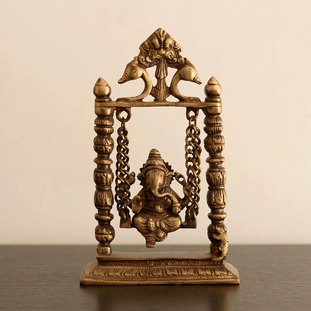 Gold Brass Lord Ganesha on Peacock Swing (jhoola), Antique Showpiece ...