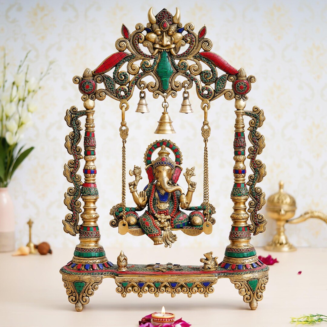 Stone Work Brass Handcrafted Lord Ganesha Idol on a Decorated Swing ...