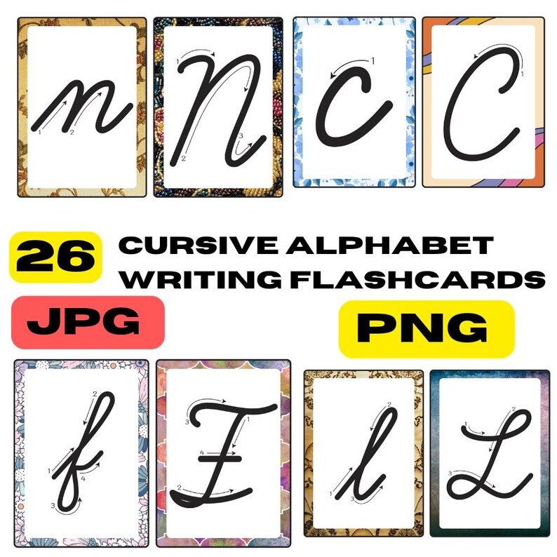Cursive Alphabet Writing Flashcards in Colorful Simple Style,vintage ...