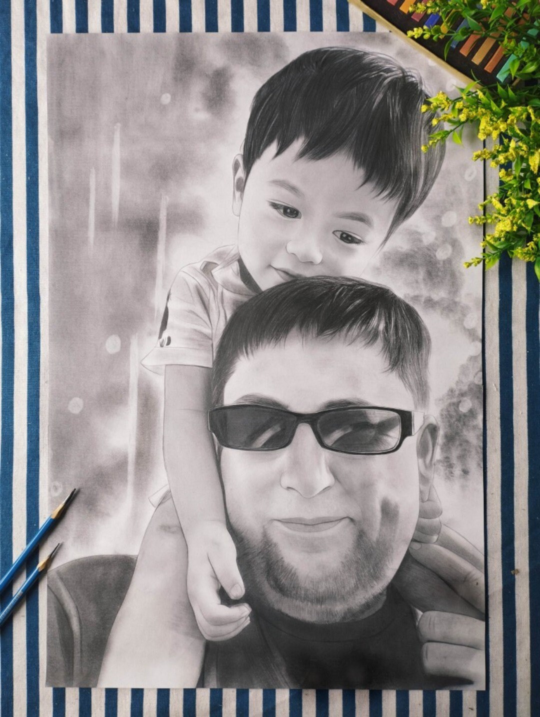 Personalized 100% Hand-drawn Dad and Son Portrait With Graphite Pencil ...