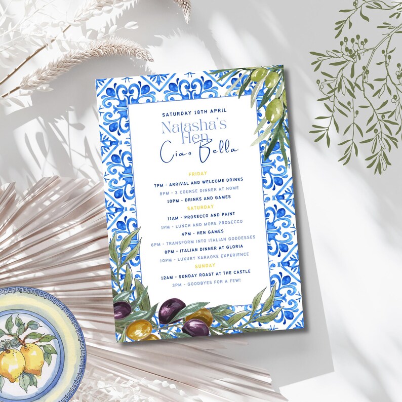 Editable Olive-themed Italian Hen Do Invite & Itinerary Italian Hen ...
