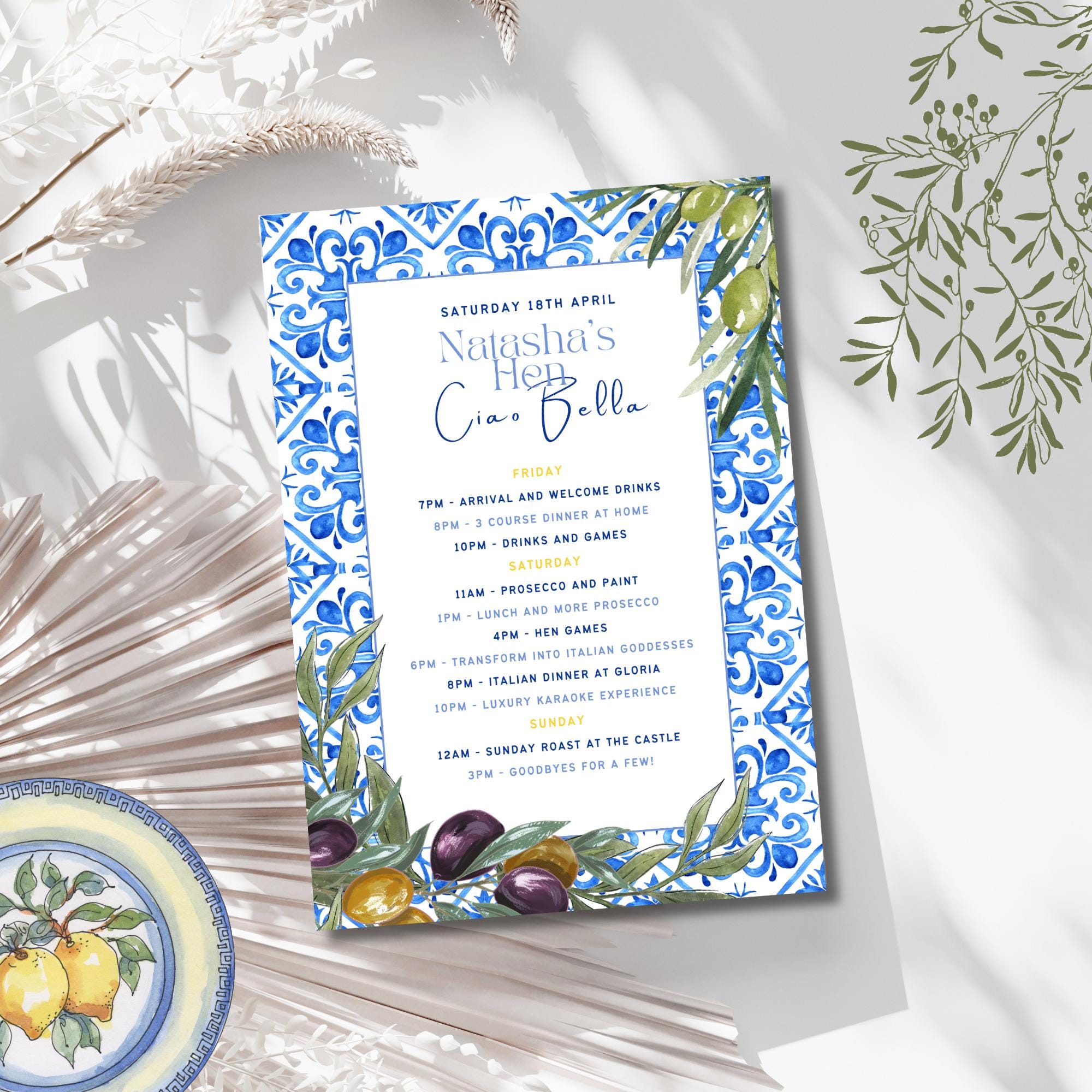 Editable Olive-themed Italian Hen Do Invite & Itinerary | Italian Hen ...