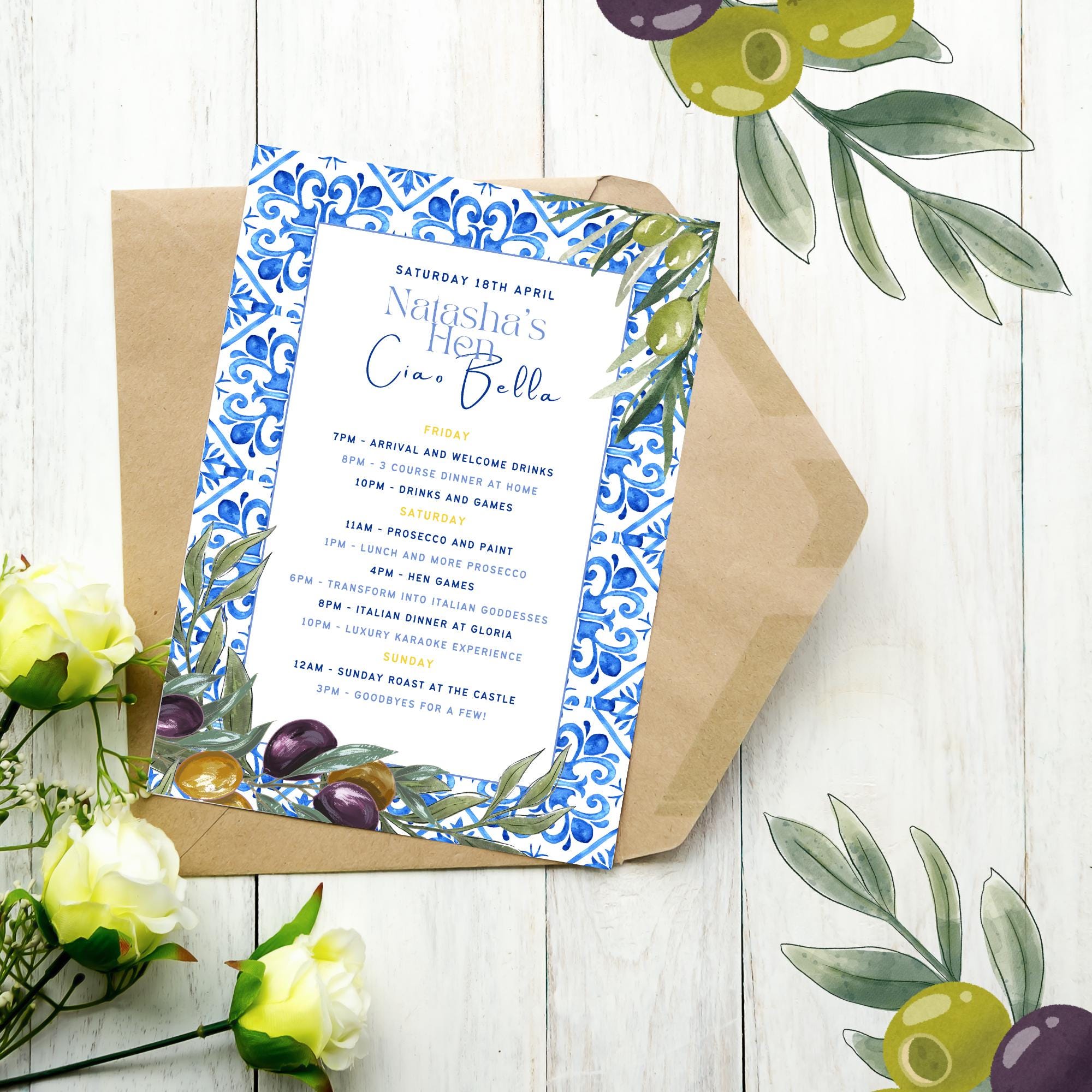 Editable Olive-themed Italian Hen Do Invite & Itinerary | Italian Hen ...