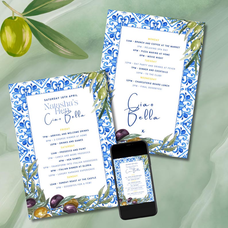 Editable Olive-themed Italian Hen Do Invite & Itinerary | Italian Hen ...