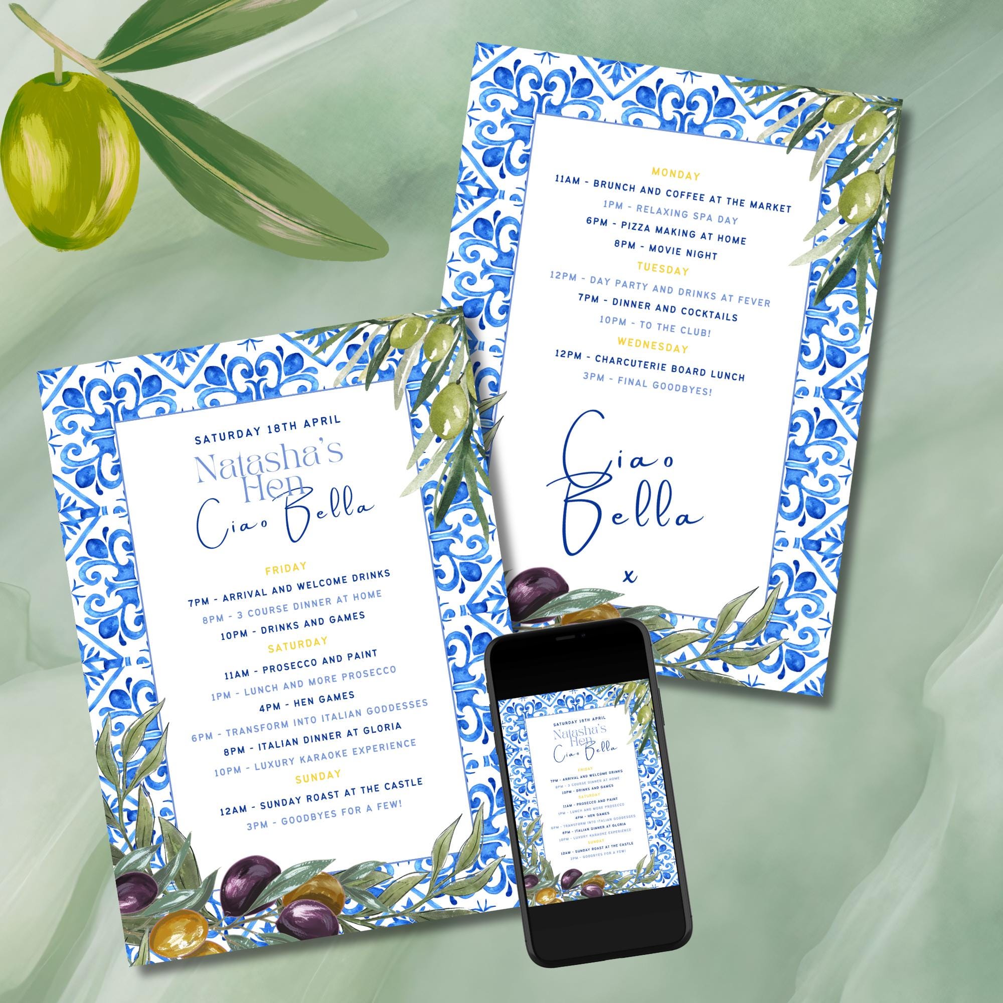 Editable Olive-themed Italian Hen Do Invite & Itinerary Italian Hen ...