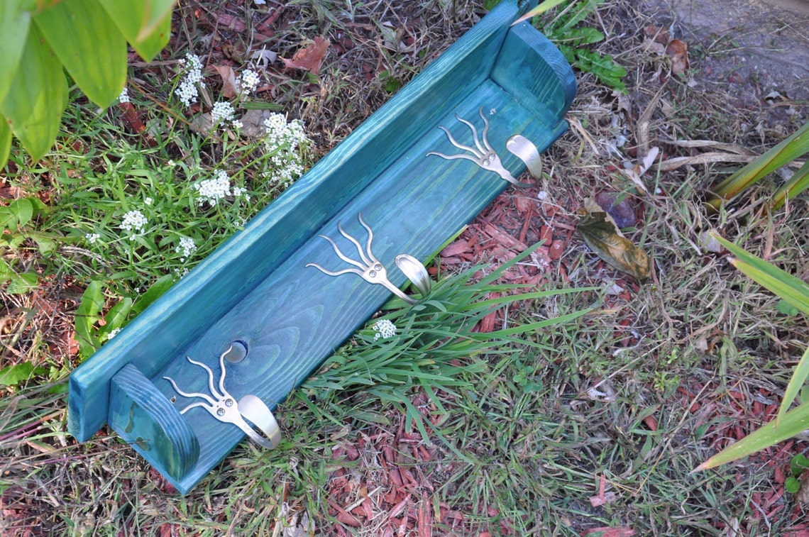 3 Funky Forks Coat Rack Shelf in Turquoise Stain Recycled - Etsy