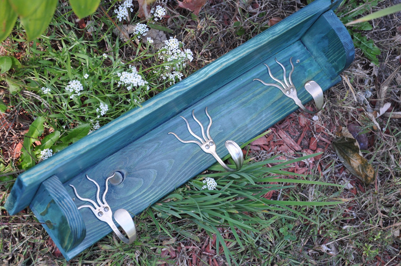 3 Funky Forks Coat Rack Shelf in Turquoise Stain Recycled - Etsy