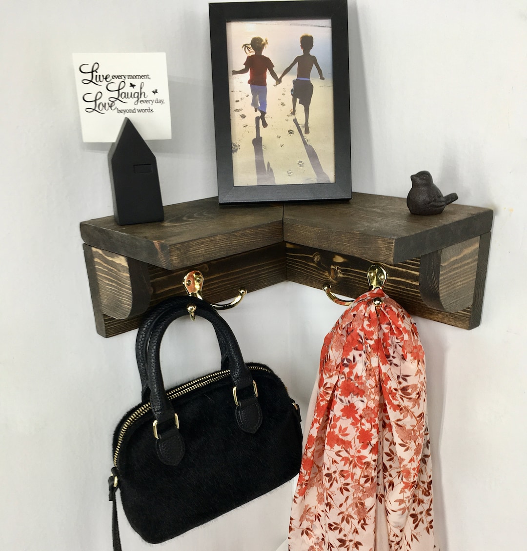Corner Shelf With 2 Double Garment Hooks Rack in Any Color Finish Wall ...
