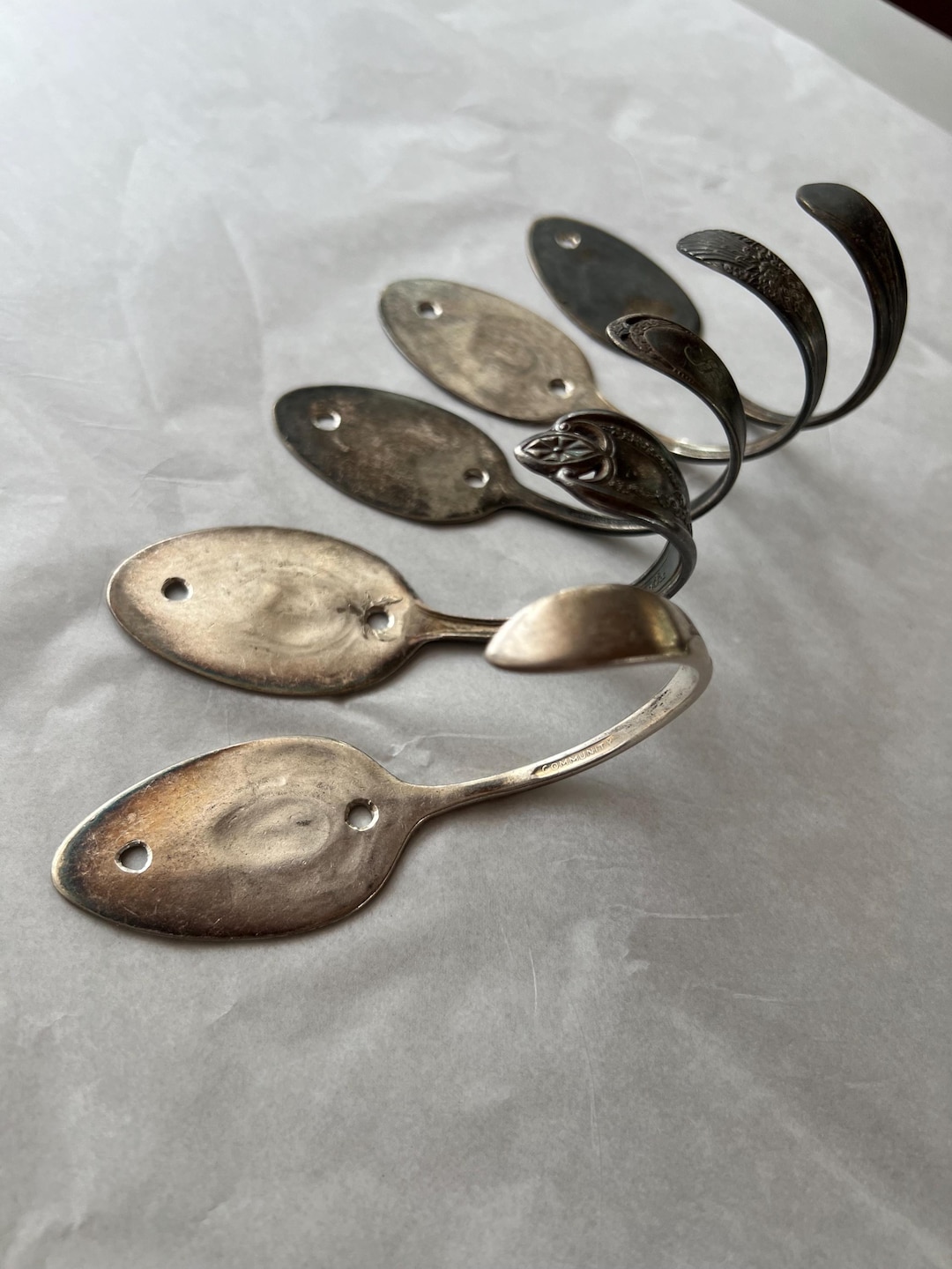 5 Silver Spoon Hooks or Curtain Tie Backs, Polished or Tarnished ...