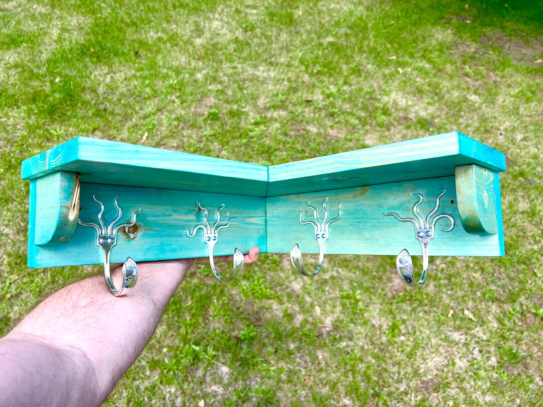 4 Funky Fork Hooks Coat Rack With Corner Shelf Recycled Silverware Wall ...