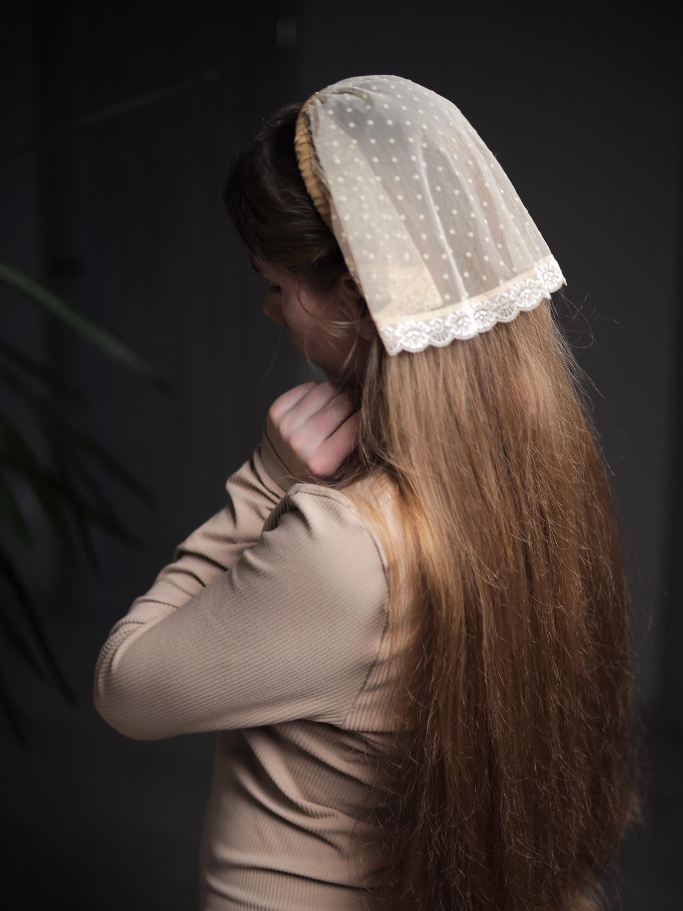 Beige Velvet Polka Dot Mesh Headband Veil With Lace Trim HEAD WRAP More ...