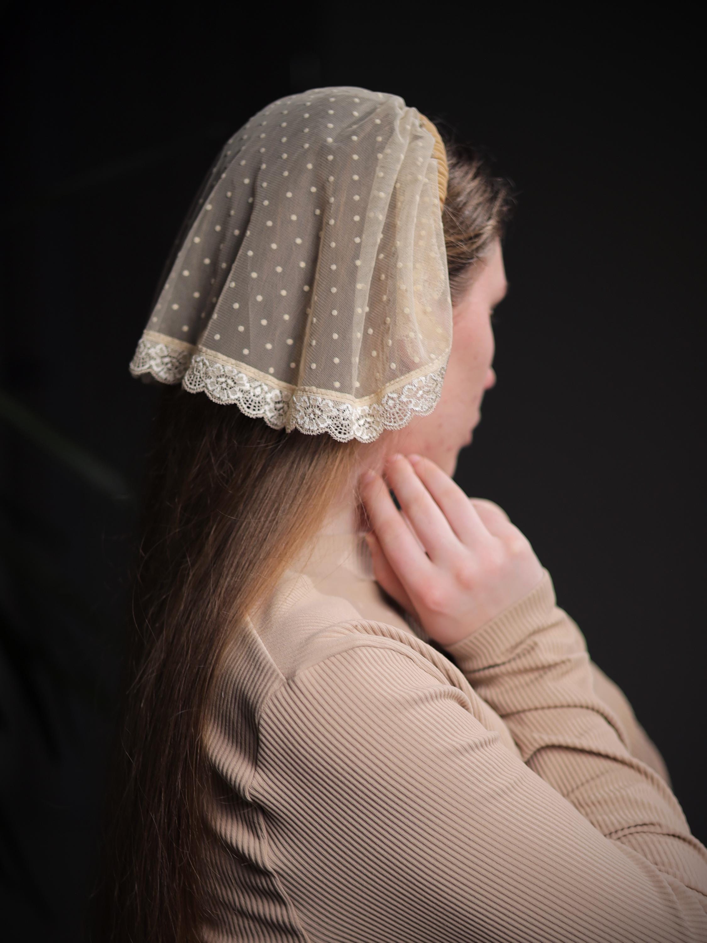 Beige Velvet Polka Dot Mesh Headband Veil With Lace Trim HEAD WRAP More ...