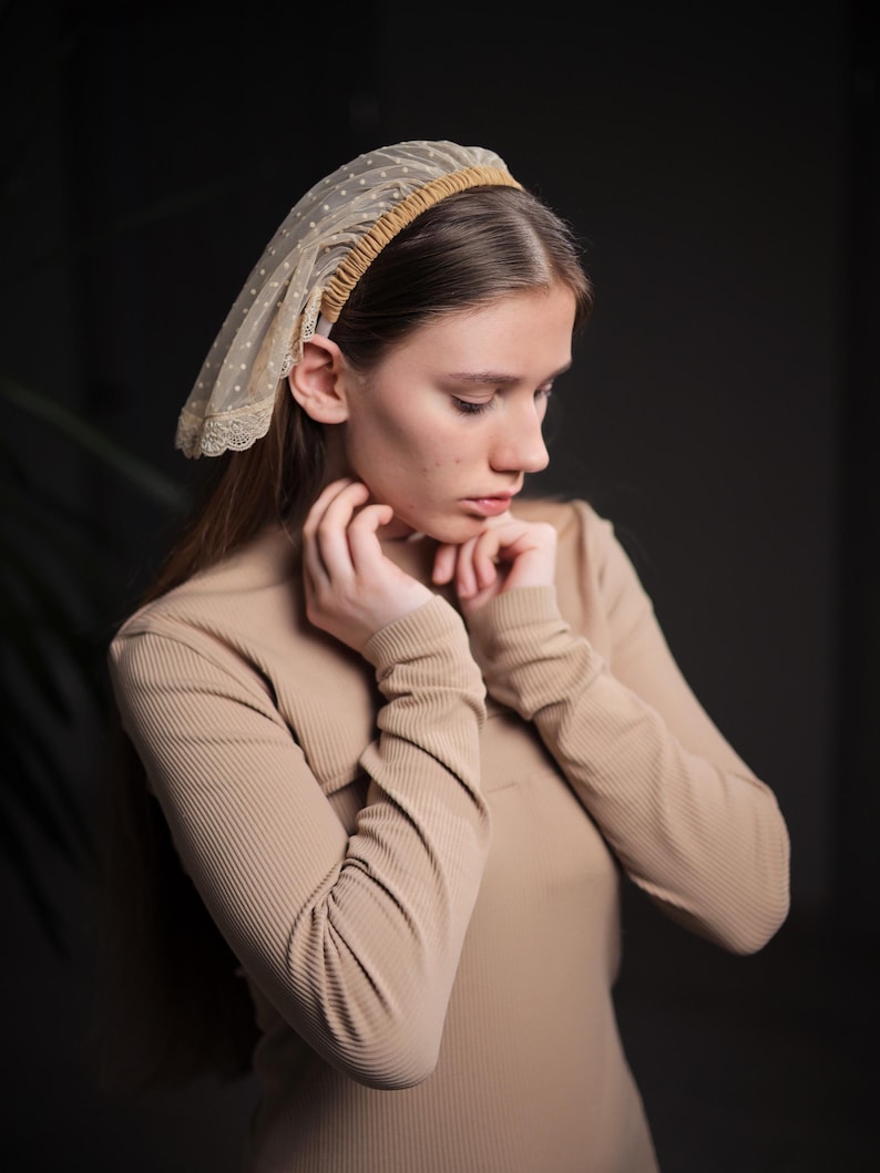 Beige Velvet Polka Dot Mesh Headband Veil With Lace Trim HEAD WRAP More ...