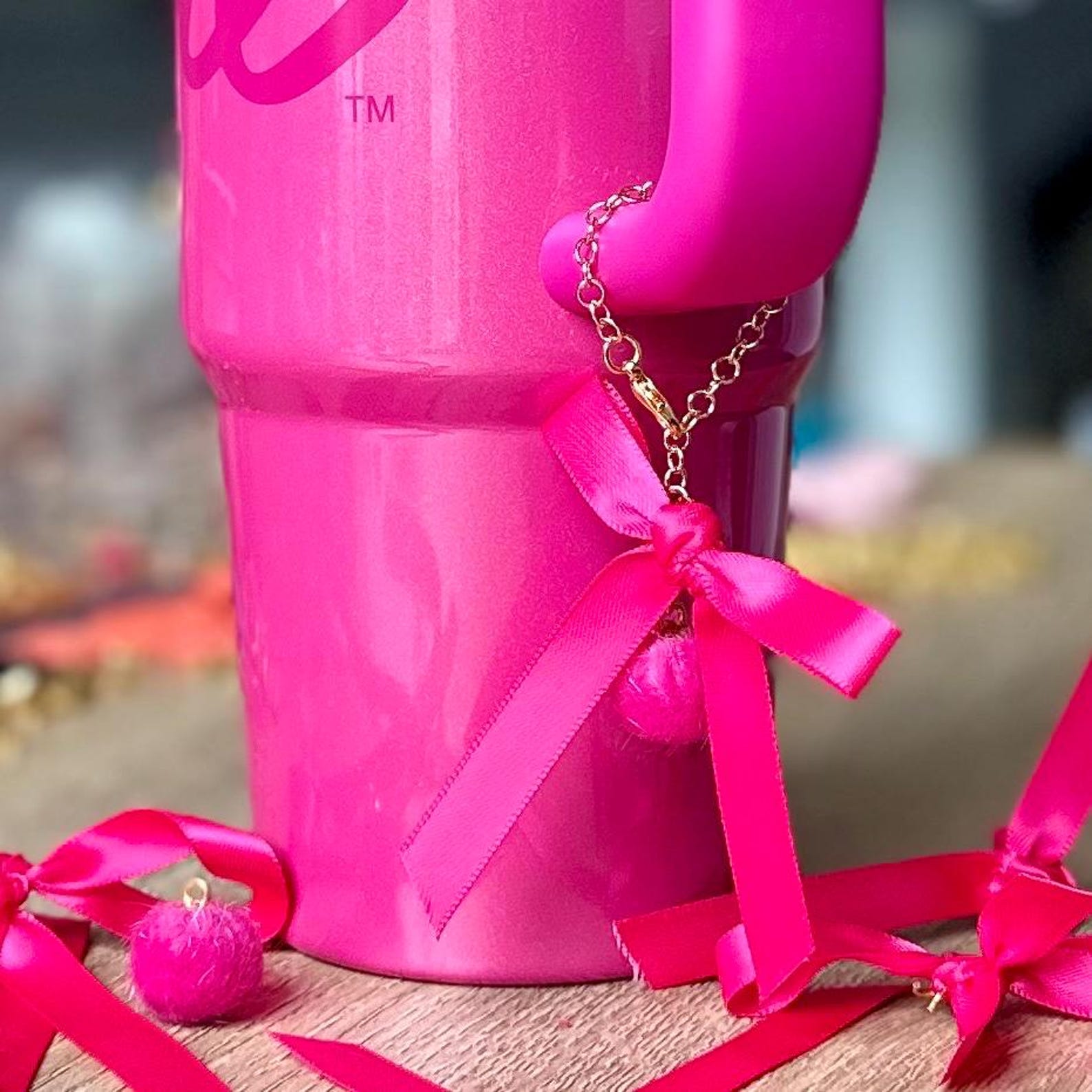 Barbie Cup Bow Handle Charm for Stanley Hot Pink Peach Ribbon and Pom ...