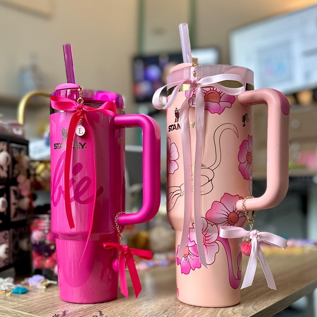 Barbie Cup Bow Handle Charm for Stanley Hot Pink Peach Ribbon and Pom ...