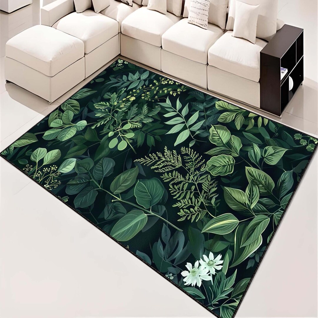 Emerald Rug, Green Rug, Leaf Pattern Rug, Tropical Leafs Rug, Green ...
