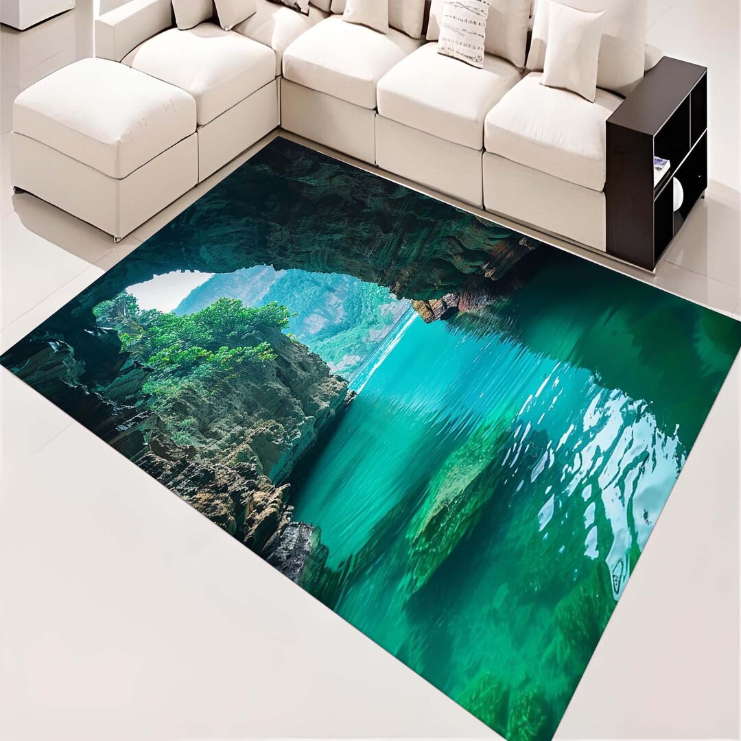 Washable Rug, Non Slip Based Rug, Tropical Cave Ocean Rug, 3D Beach ...