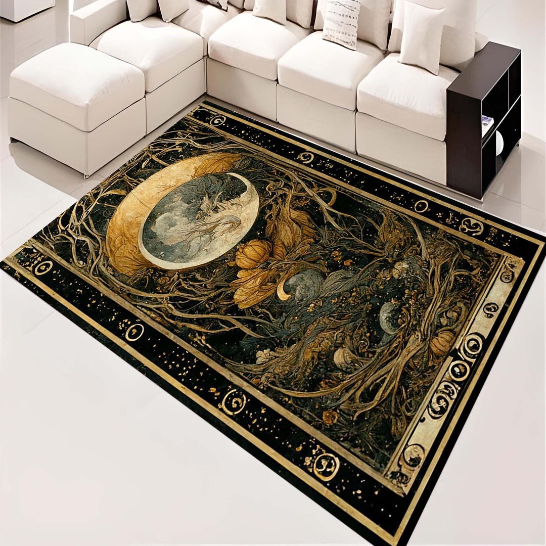 Mystical Moon Phase Area Rug, Vintage Celestial Design With Dark Forest ...