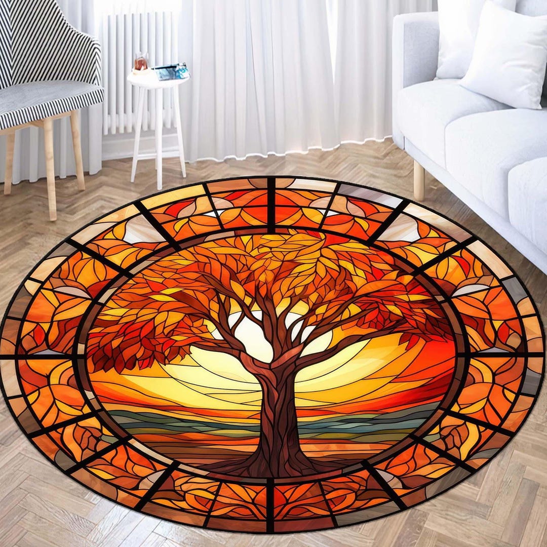 Round Rug, Life of Tree Rug, Tree of Life Rug, Circle Rug, Orange Rug ...