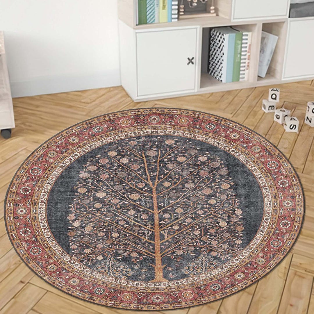 Tree of Life Round Rug 5ft, Lift of Tree Rug, Vintage Turkish Style Rug ...