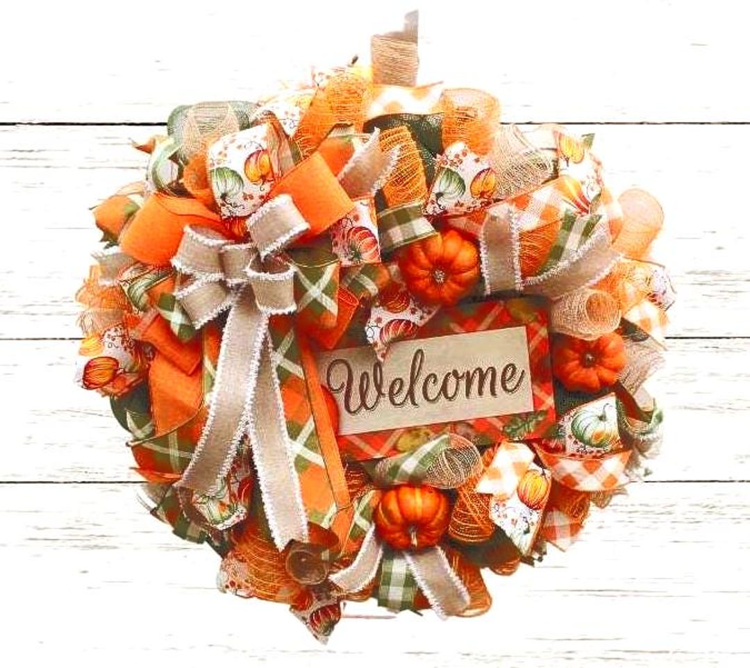 Fall Welcome Wreath, Fall Wreath, Mesh Wreath, Wreath With Ribbon ...