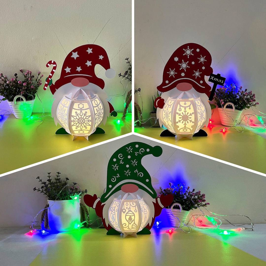Pack 3 Gnome Lantern SVG, Studio, PDF Templates - Diy Christmas Gnome ...