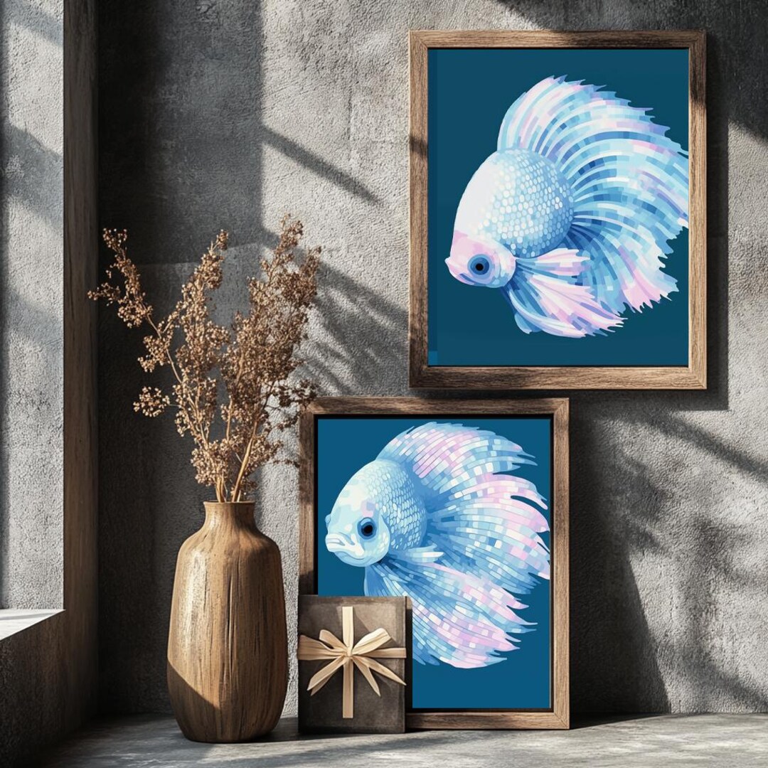 3 Pictures Pixel Art-style Drawing of a Beautiful White Betta Fish With ...
