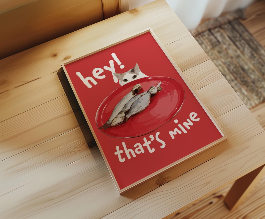 Funny Cat & Fish Plate Art Print: Quirky Kitchen Decor (digital ...