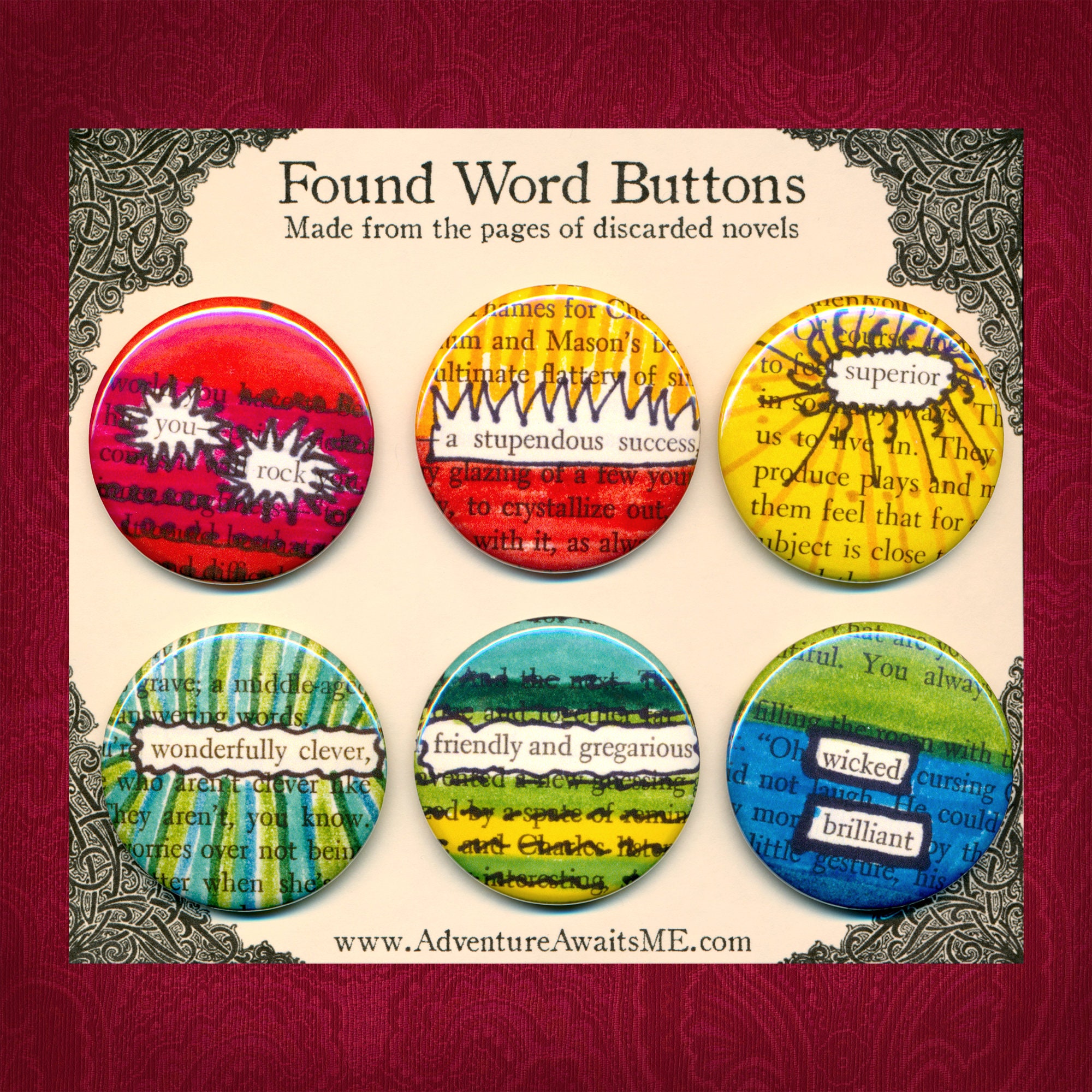 You Rock Found Word Pin Set Book Pages Recycled Pins Badges | Etsy