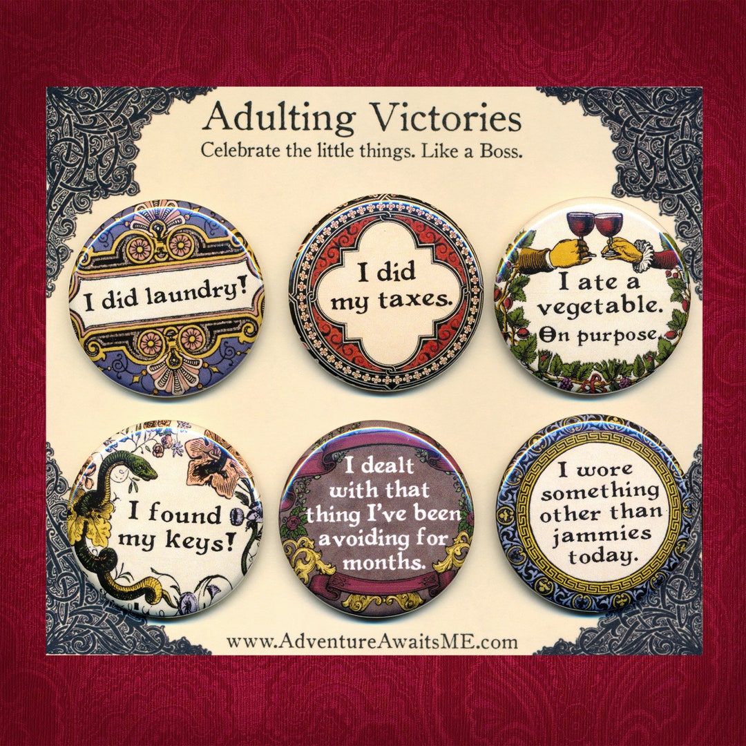 Adulting Victories Pinback Button Set - Pins Badges Quotes Keys Taxes ...