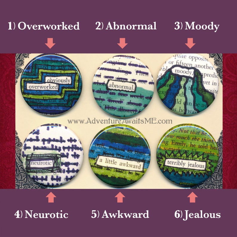 Overworked Found Word Pinback Button Set - Book Pages Recycled Pins ...