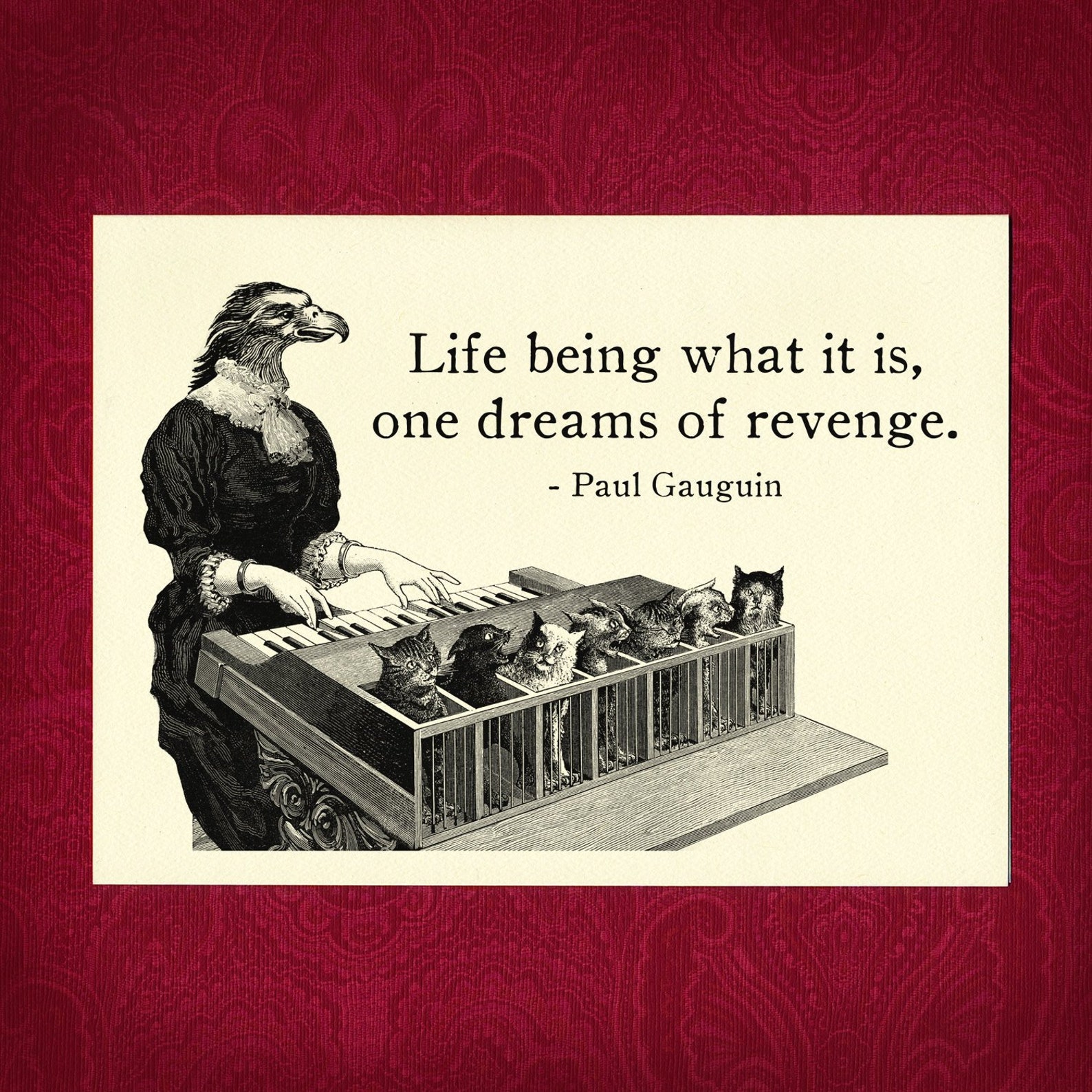 Revenge - Greeting Card - Victorian Illustration Bird Lady Playing Cat ...