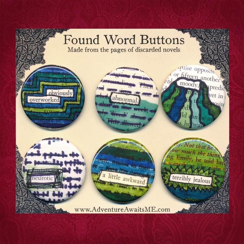 Overworked Found Word Pinback Button Set - Book Pages Recycled Pins ...