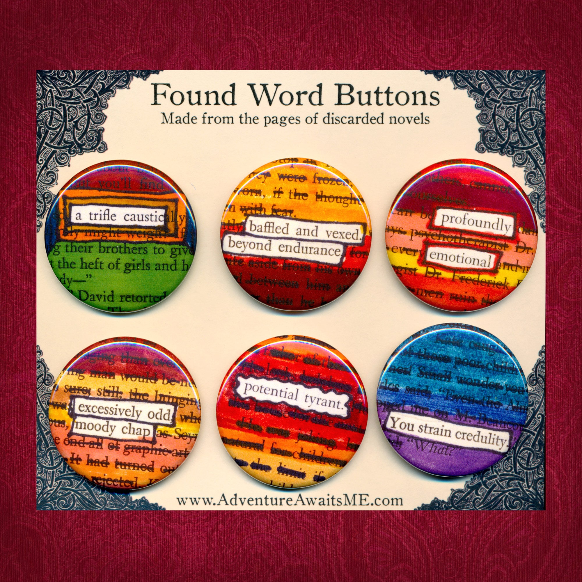 Caustic Found Word Pinback Button Set - Book Pages Recycled Pins Badges ...
